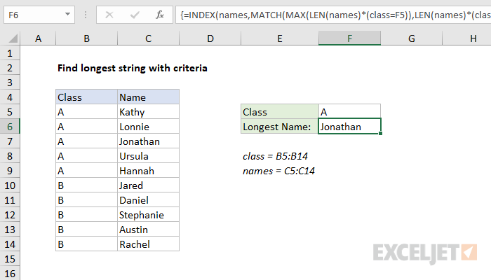 Find Longest String With Criteria Excel Formula Exceljet